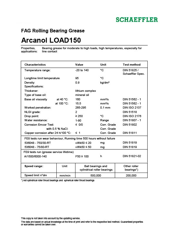 Datasheet Grease FAG Arcanol VIB 3, FOOD 2, SPEED 2, 6 | Publicaţii | Schaeffler Romania